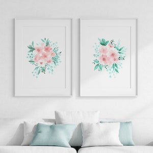 Blush Pink and Mint Wall Art Set of 2 Flower Watercolors, Floral ...