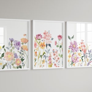 Wildflower Watercolor Wall Art Set of 3, Bright Floral Prints, Digital Download Art, Printable ...