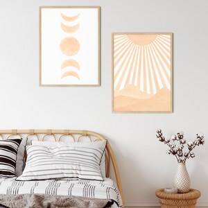 Moon Phases Print, Boho Sun and Moon Print, Bohemian Wall Decor, Blush ...