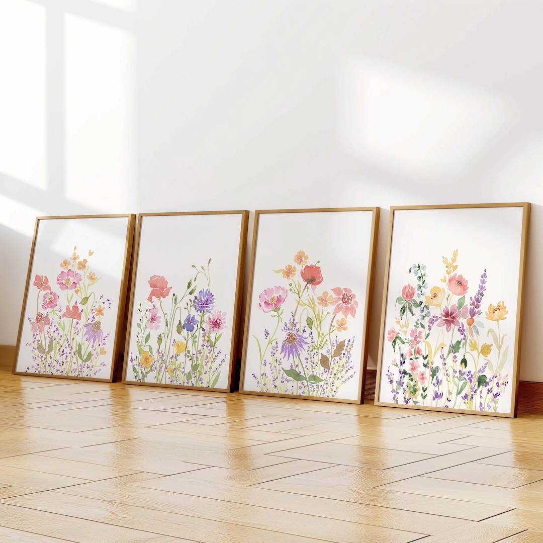 Wildflower Watercolor Gallery Wall Art Set of 4, Bright Floral Prints ...