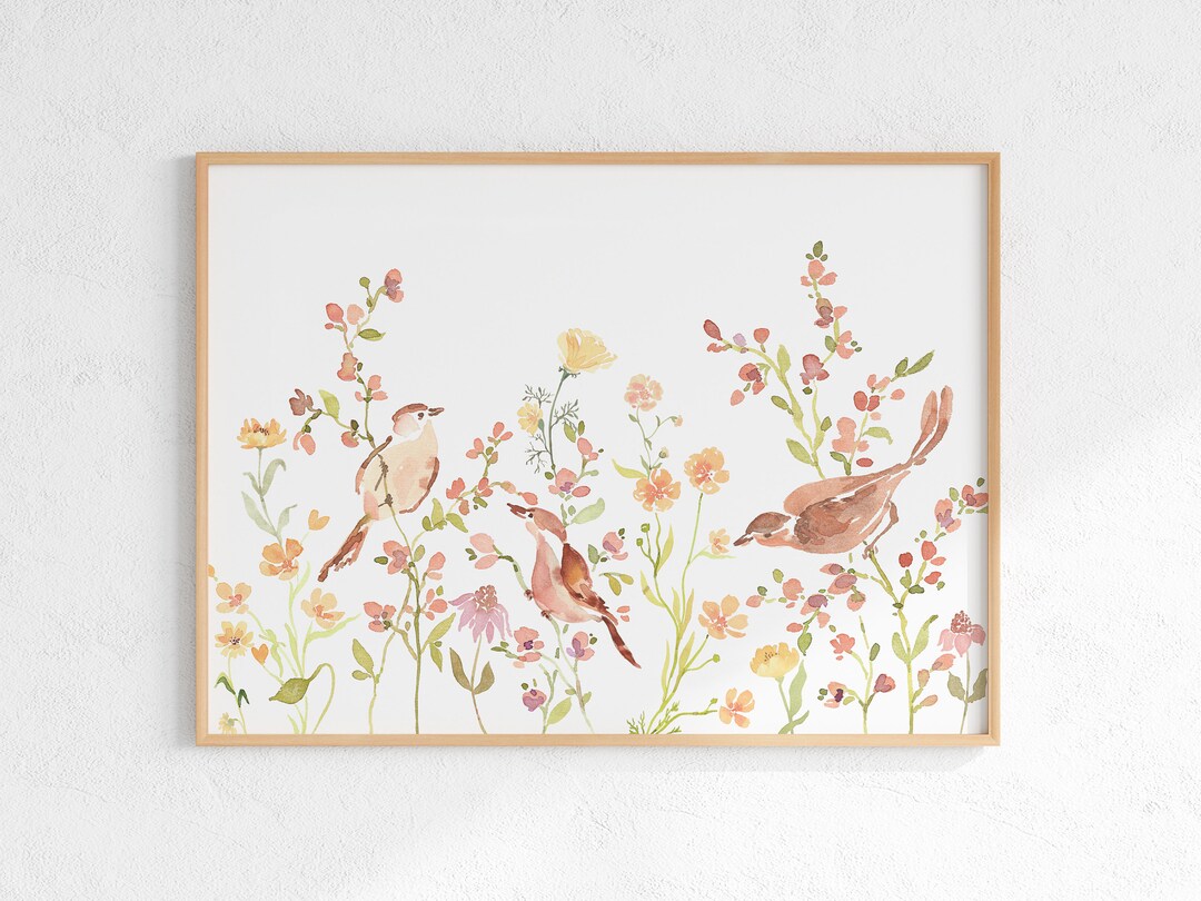 Birds on Flower Branches Watercolor Print, Horizontal Bird Artwork ...