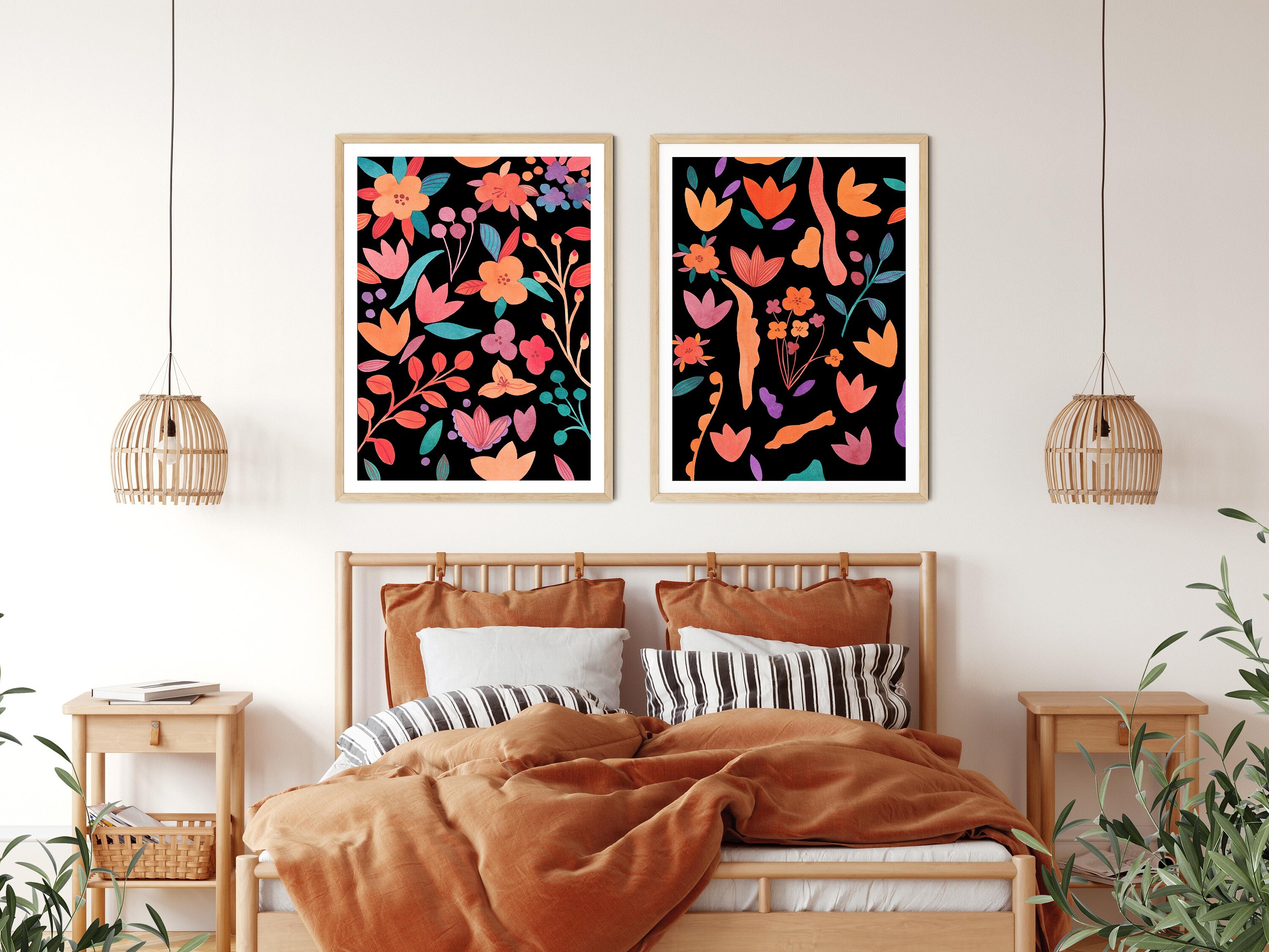 Black Background Floral Print Set Dark Flower Art Black | Etsy
