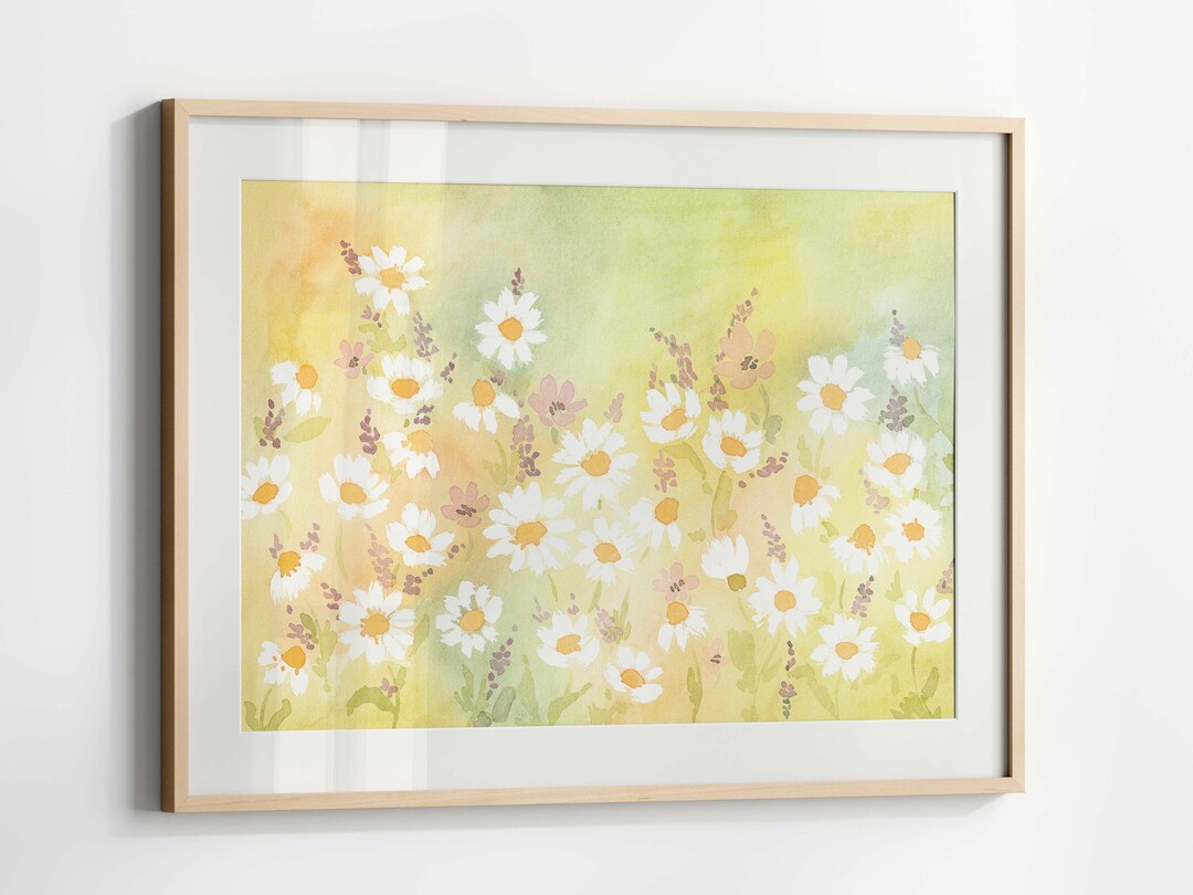 Daisies Field Watercolor Print, Daisy Horizontal Wall Art, Flower Field ...