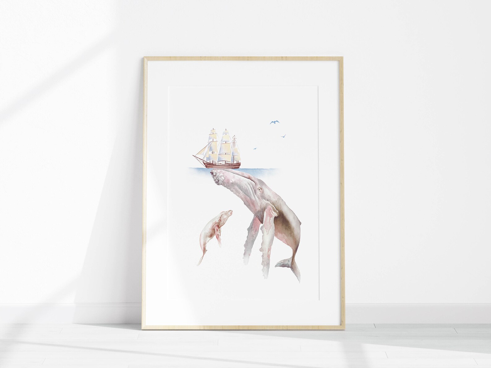 Whale Mom and Baby Watercolor, Humpback Whale and Boat Printable ...