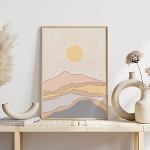 Boho Mountain Wall Art Set of 2, Mid Century Modern Sun and Moon Prints ...