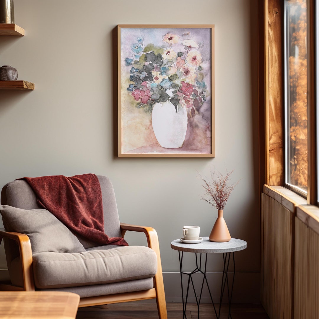 Muted Floral Print Farmhouse Still Life Flowers in Vase Digital Wall ...