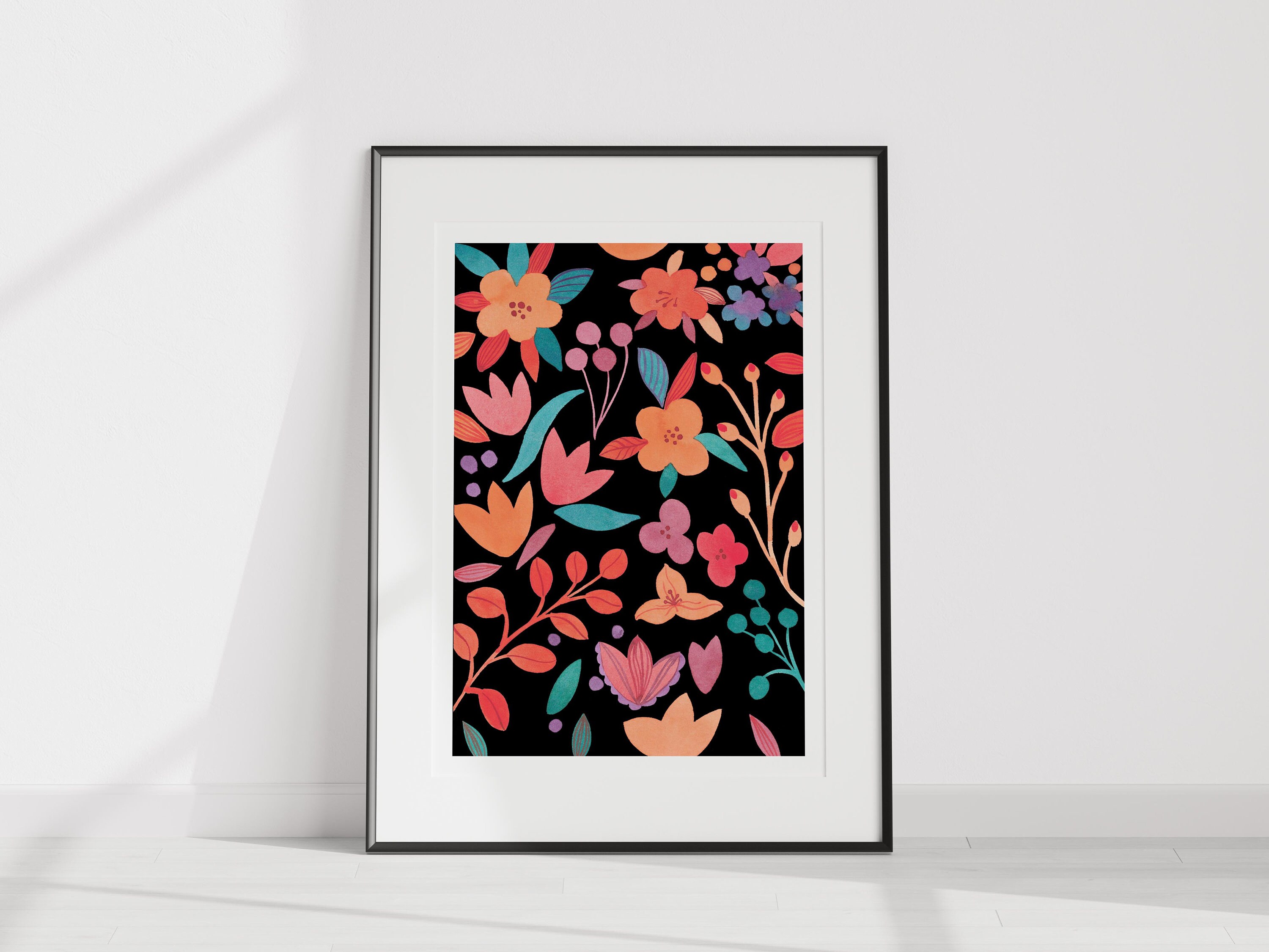 Black Background Floral Print Set Dark Flower Art Black | Etsy