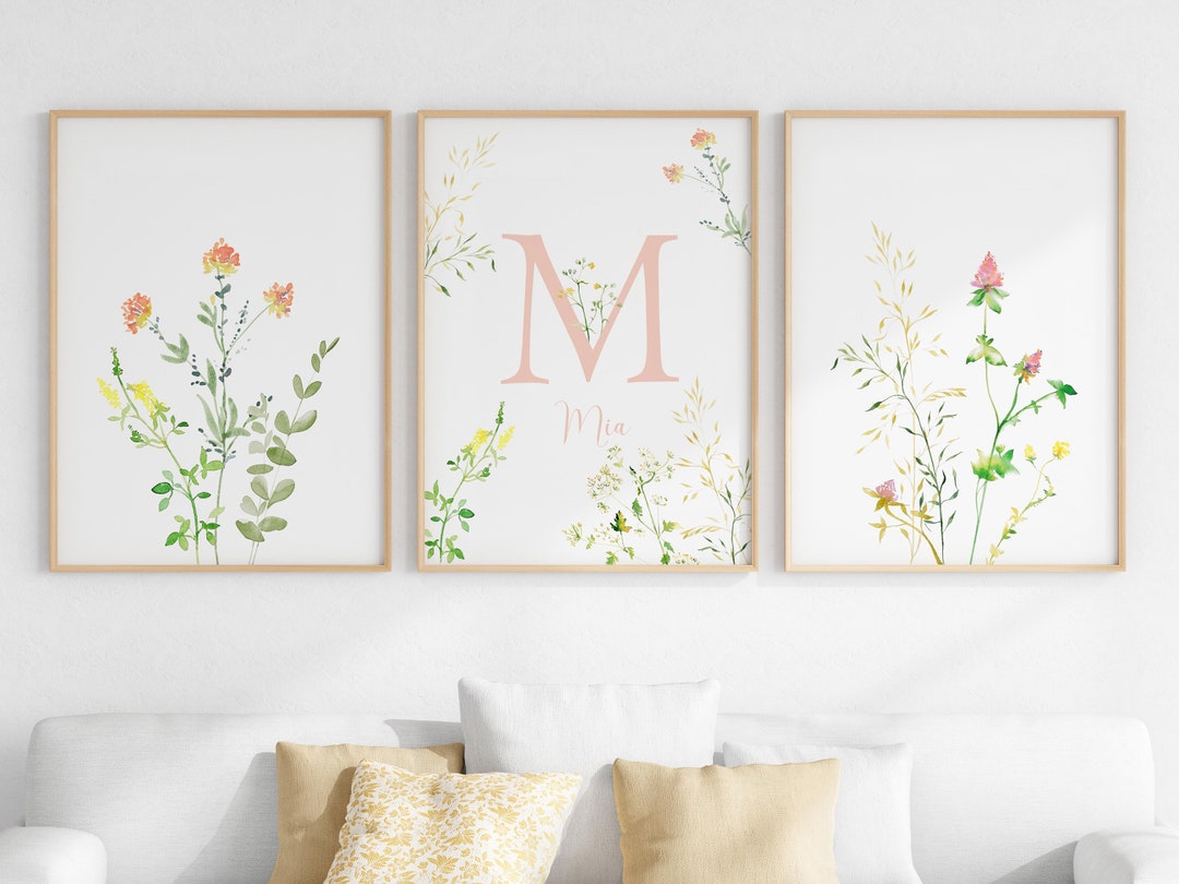Floral Initial Nursery Art: Boho Wildflower Prints Set, Custom Name ...