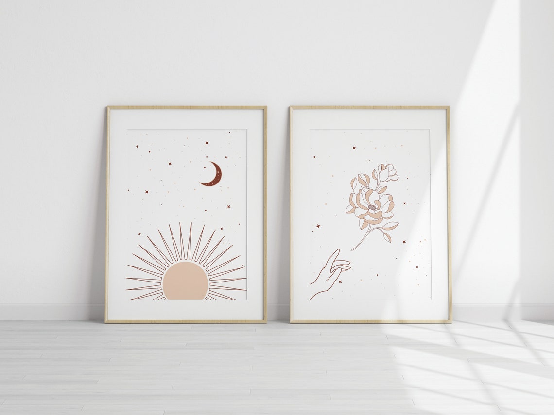 Boho Celestial Wall Art Set of 2 Mystical Decor Sun and Moon - Etsy