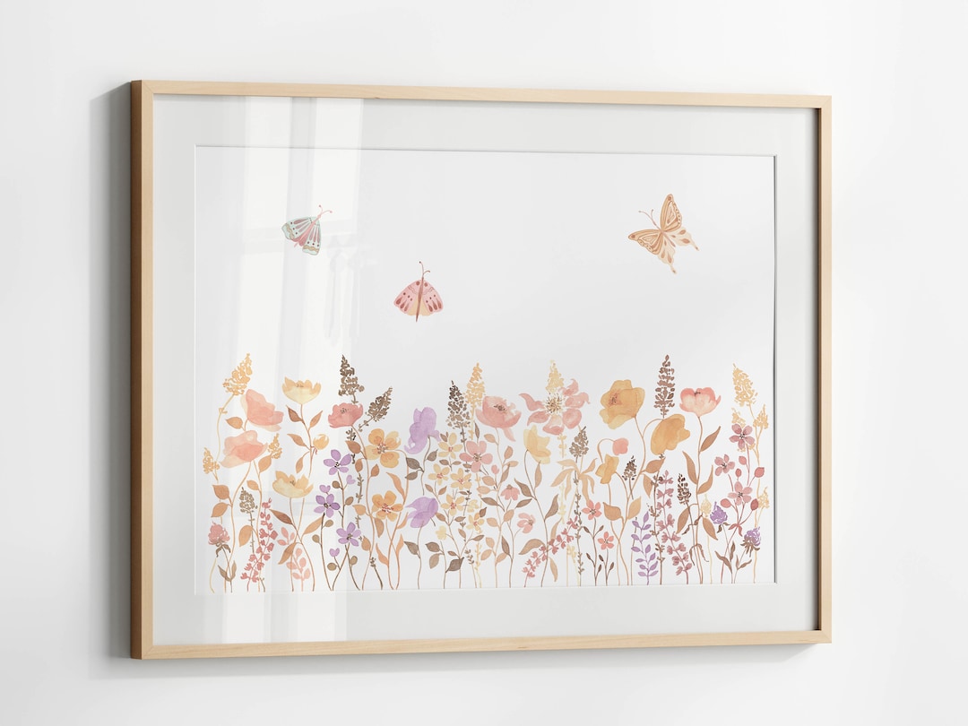 Boho Wildflowers With Butterflies Watercolor Print, Horizontal Floral ...