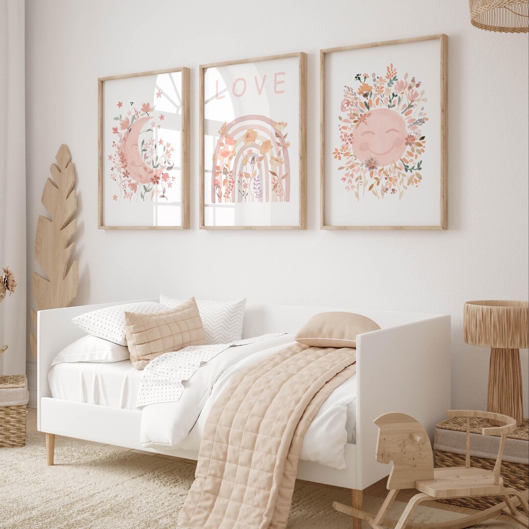 Pastel Pink Rainbow Sun and Moon Nursery Prints: Boho Toddler Girls ...