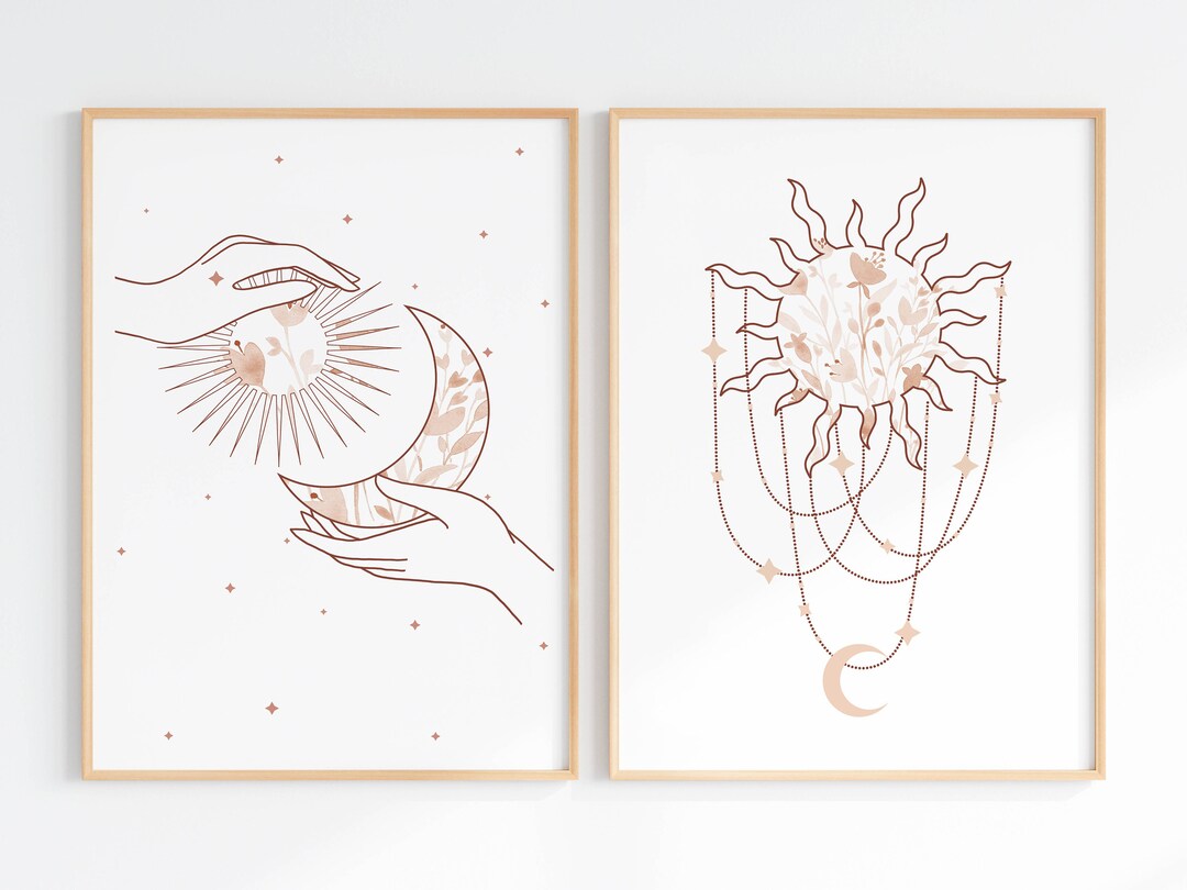 Boho Celestial Line Art Set of 2, Printable Sun and Moon Decor ...