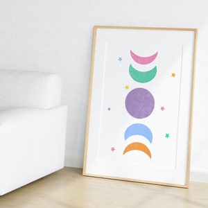 Wall Art Set of 2 Bright Boho Prints, Colorful Sunburst and Moon Phase ...