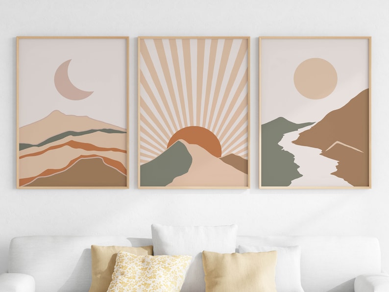 Boho Abstract Landscape Wall Art Set of 3 Printable Sun and - Etsy