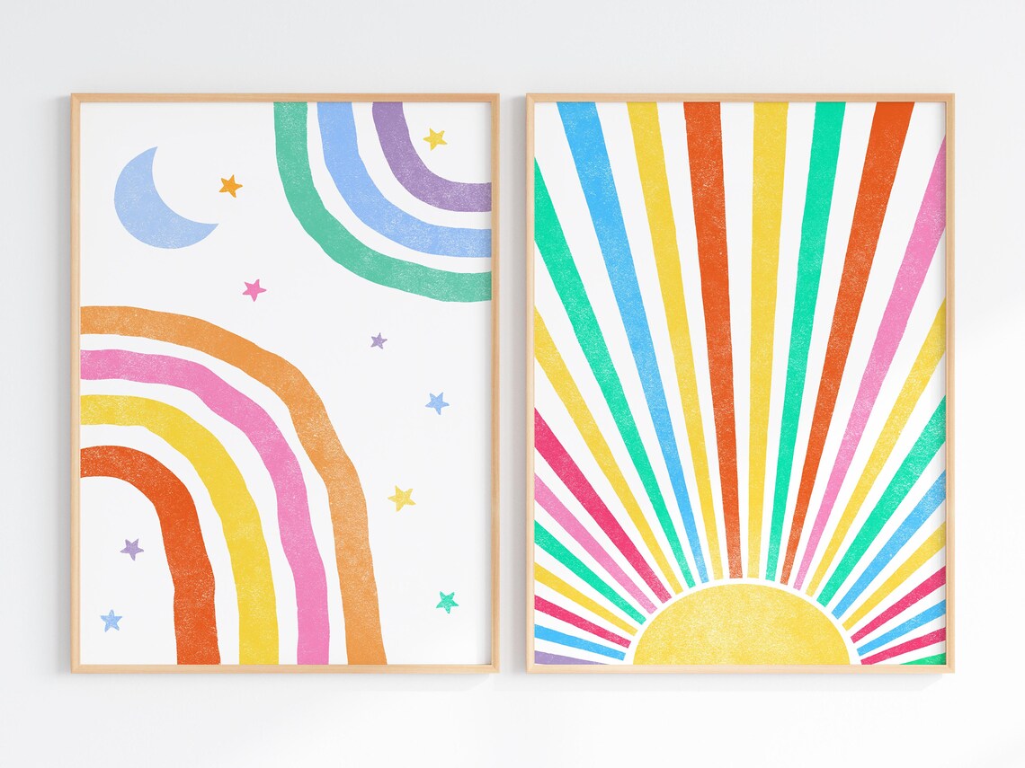 Retro Rainbow Sun and Moon Kids Decor Colorful Wall Art Set | Etsy