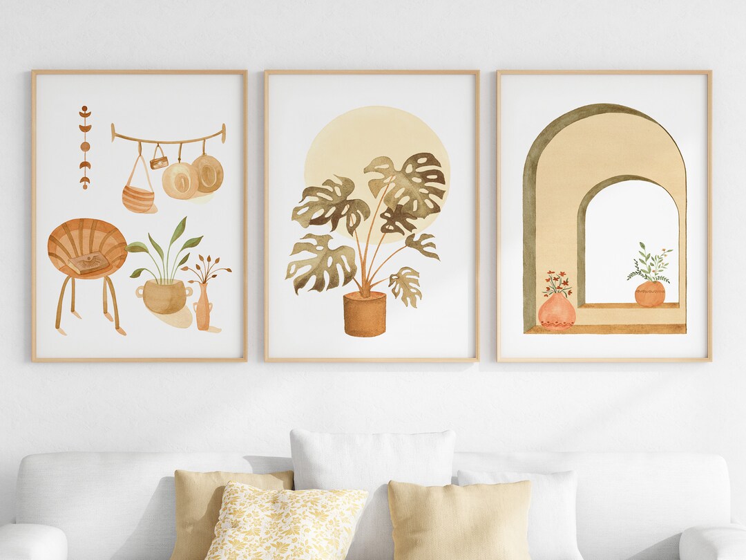 Printable Boho Poster Set of 3, Abstract Monstera Plant Print, Bohemian ...