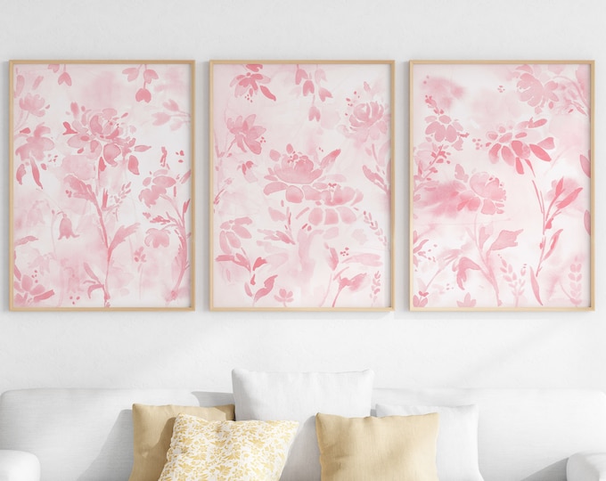 Large Floral Art Print, Pink Green Wall Art, Abstract Meadow Print ...