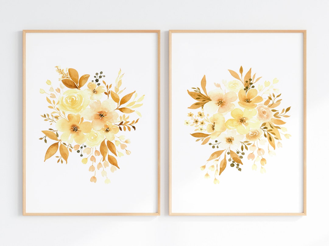 Wall Art Set of 2 Neutral Floral Prints, Boho Flower Bouquet Watercolor ...