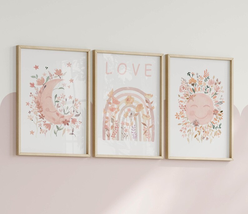 Pastel Pink Rainbow Sun and Moon Nursery Prints: Boho Toddler Girls ...