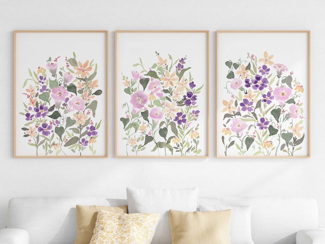 Wildflower Watercolor Print Set of 3, Colorful Floral Wall Art, Instant ...