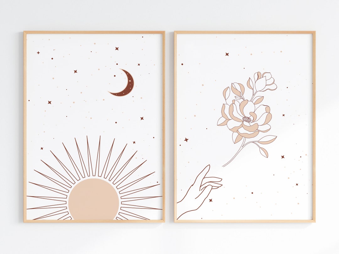 Boho Celestial Wall Art Set of 2 Mystical Decor Sun and Moon - Etsy