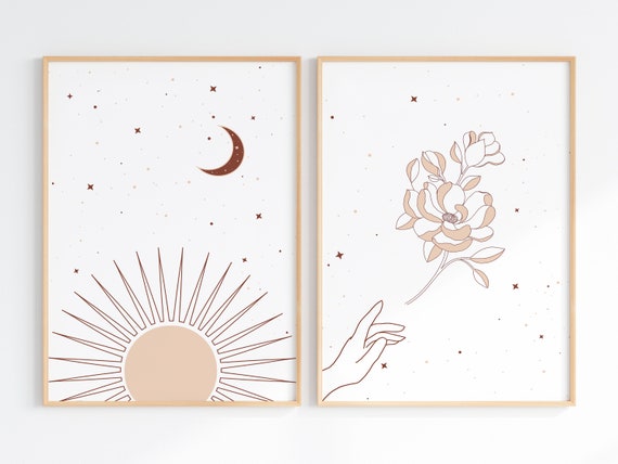 Boho Celestial Wall Art Set of 2 Mystical Decor Sun and Moon - Etsy