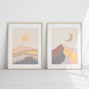 Boho Mountain Wall Art Set of 2, Mid Century Modern Sun and Moon Prints ...