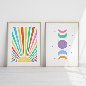 Wall Art Set of 2 Bright Boho Prints, Colorful Sunburst and Moon Phase ...