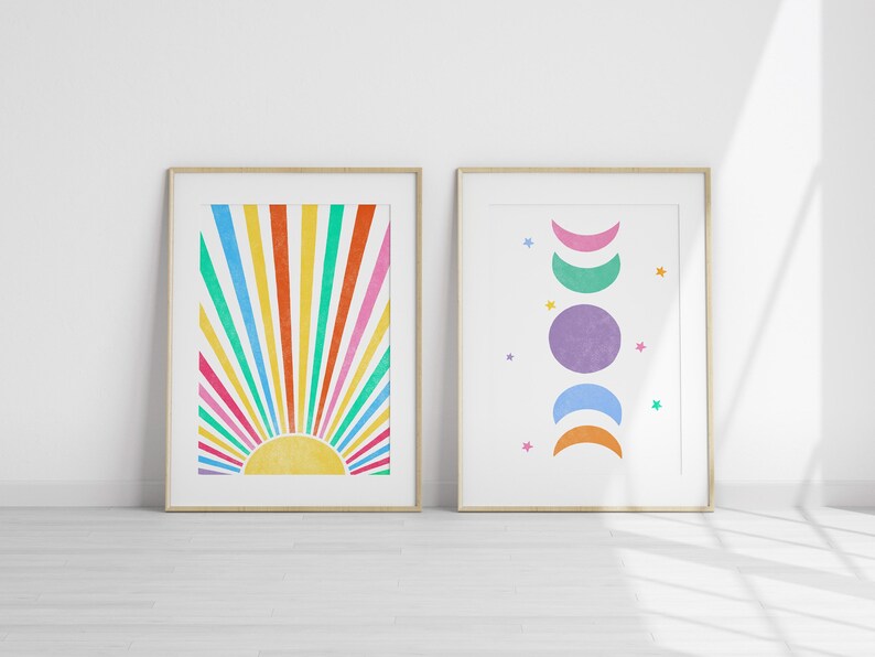 Wall Art Set of 2 Bright Boho Prints Colorful Sunburst and - Etsy