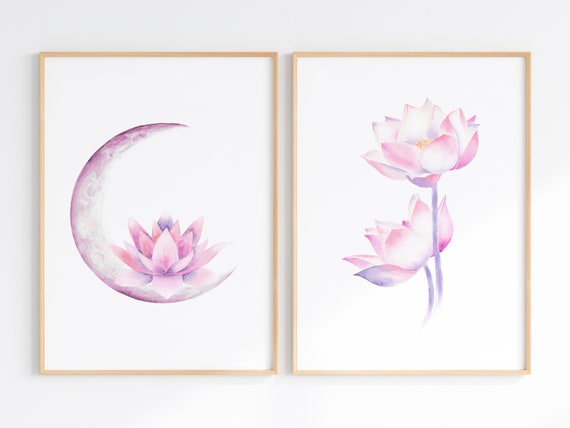 Purple Lotus Flower Wall Art Set of 2 Printable Moon With - Etsy