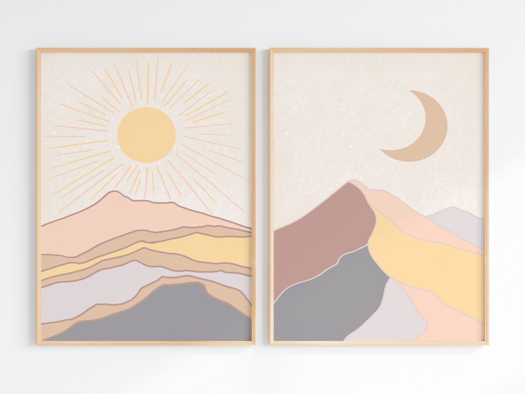 Boho Mountain Wall Art Set of 2, Mid Century Modern Sun and Moon Prints ...