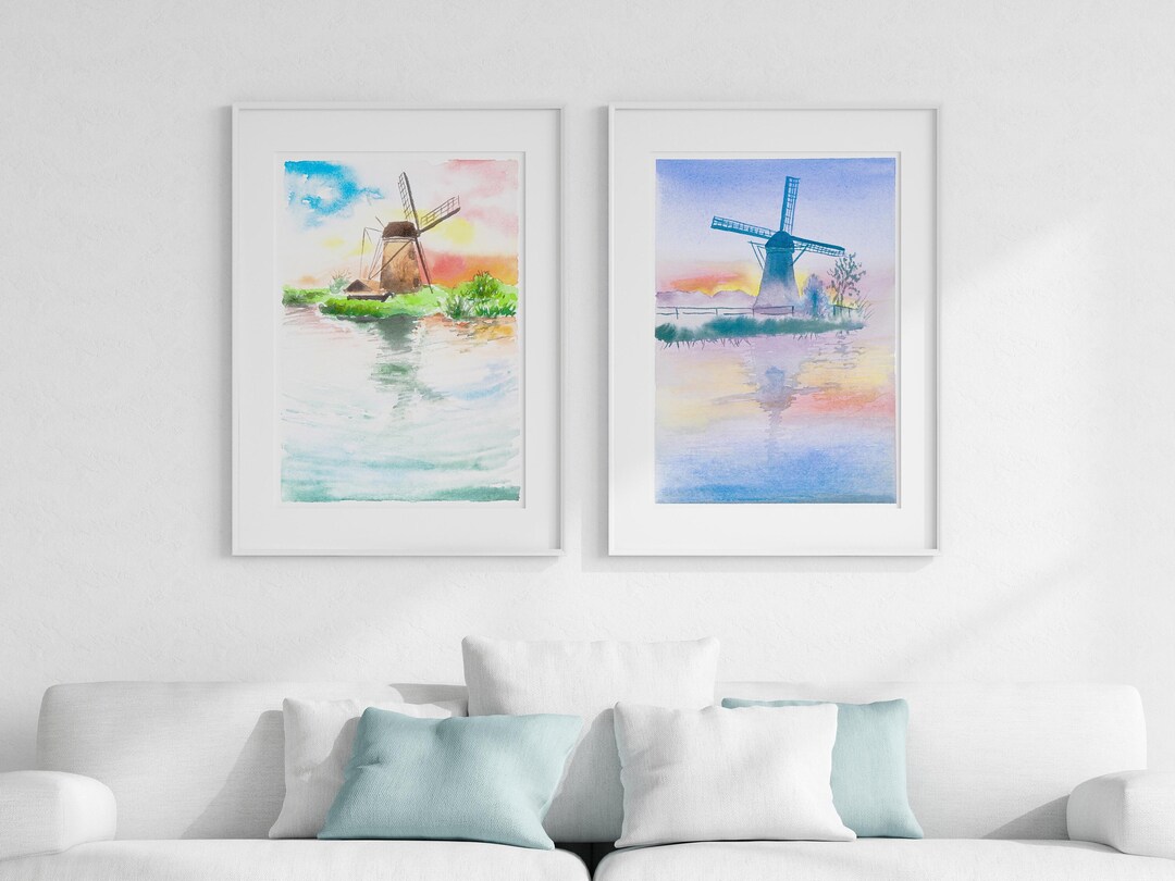 Dutch Windmill Art Print Set of 2, Netherlands Landscape Watercolor ...
