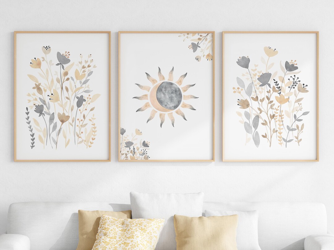 Boho Flower Wall Art Set of 3, Sun and Moon With Wildflowers Prints ...