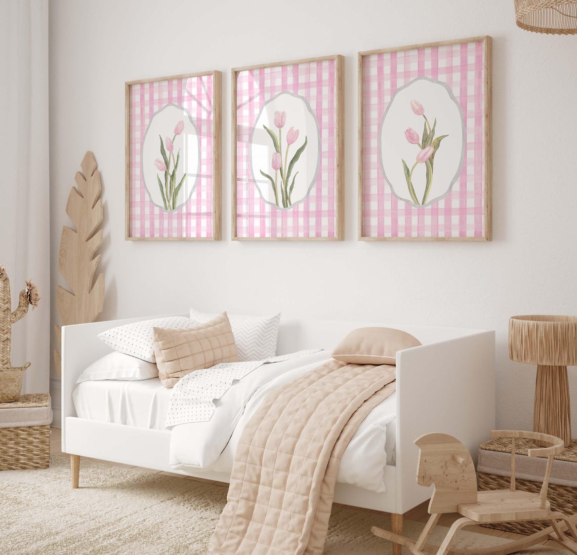 Tulips Wall Art Set: Pink Coquette Prints, Preppy Gingham Decor ...