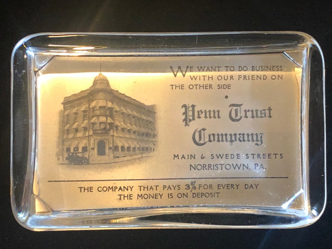 Vintage Penn Trust Company Glass Paperweight in Excellent Condition - Etsy
