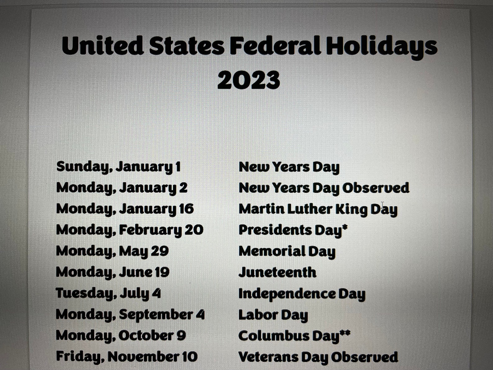 US Federal Holiday List - Etsy
