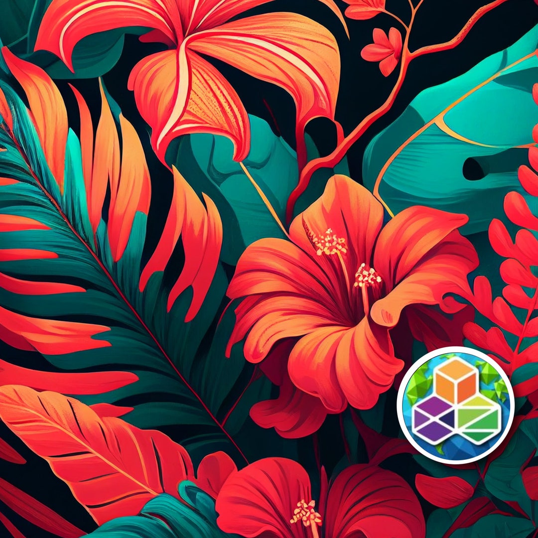 High-contrast Digital Art of Colorful Jungle Flowers and Plants in Bold ...