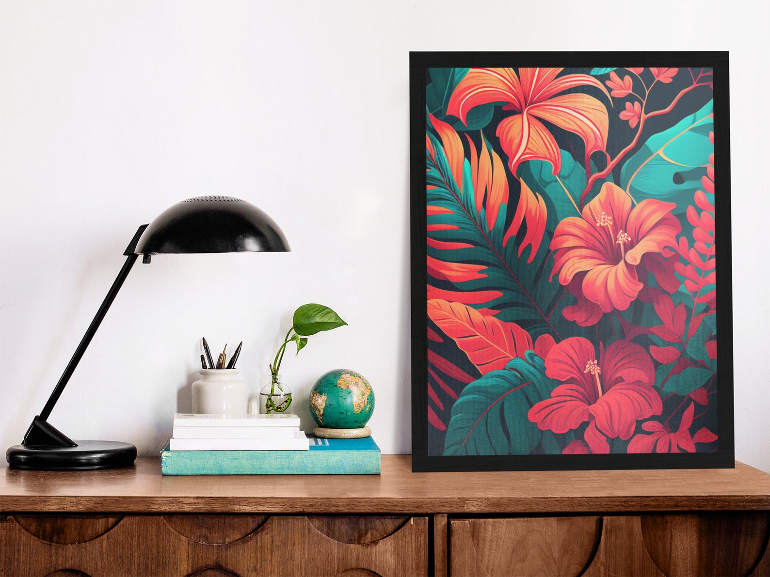 High-contrast Digital Art of Colorful Jungle Flowers and Plants in Bold ...