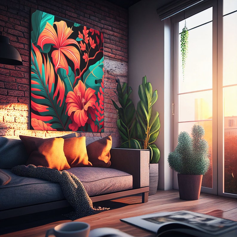 High-contrast Digital Art of Colorful Jungle Flowers and Plants in Bold ...
