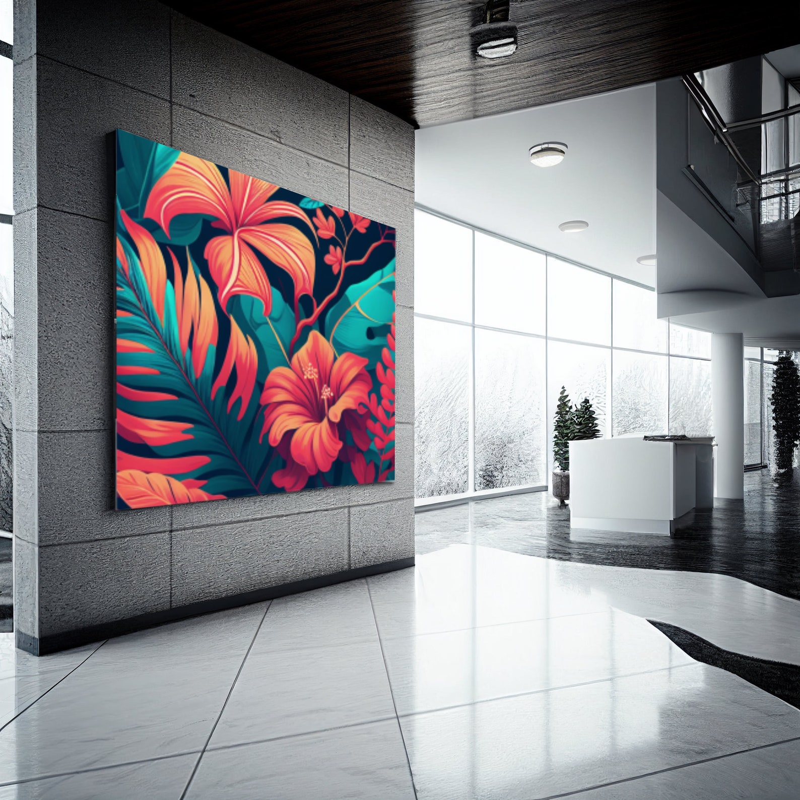 High-contrast Digital Art of Colorful Jungle Flowers and Plants in Bold ...