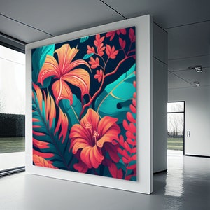 High-contrast Digital Art of Colorful Jungle Flowers and Plants in Bold ...