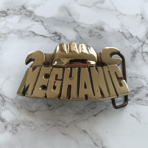 Mechanic Solid Brass 1980s Vintage Belt Buckle - Gem