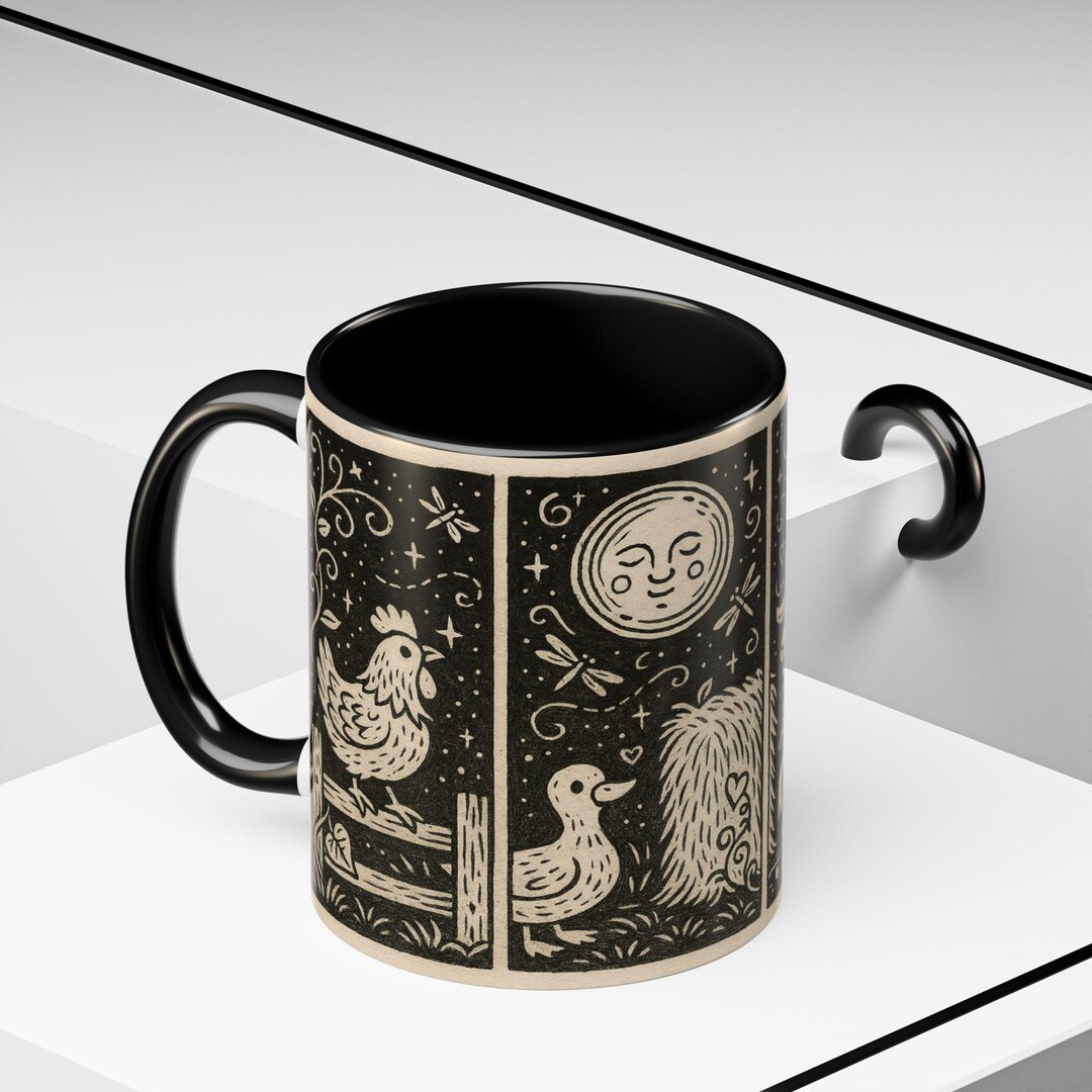 Linocut Farm Animals Coffee Mug | Rooster Duck Goat Cat Night Sky Tea ...