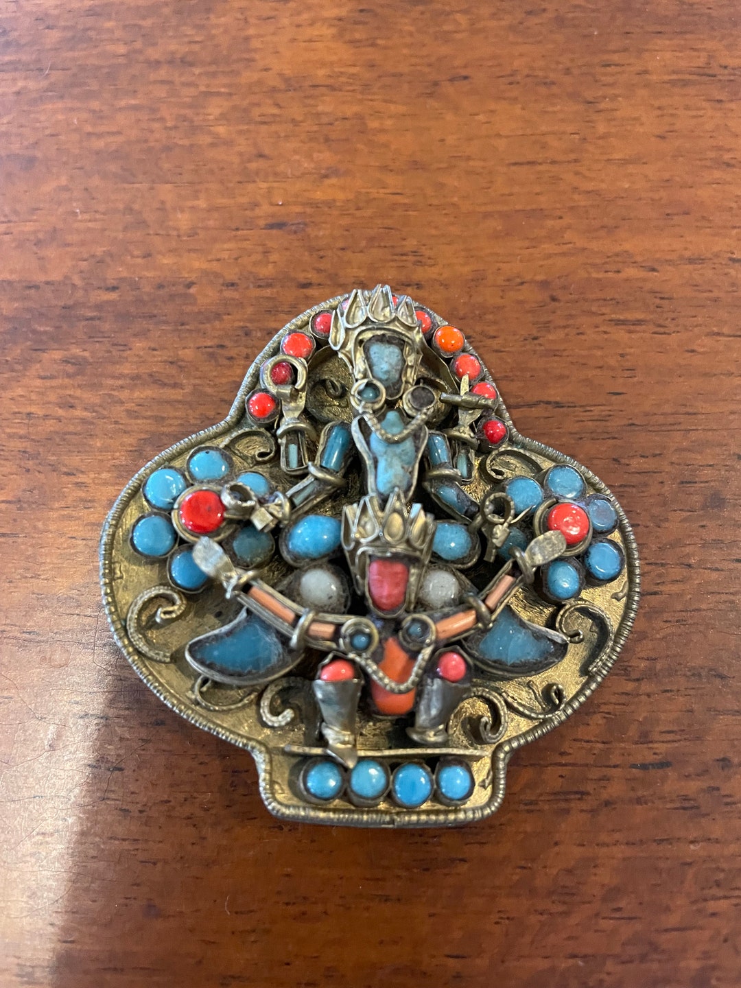 Vintage Brass Nepalese Hindu Deities Brass Brooch Turquoise and Red ...
