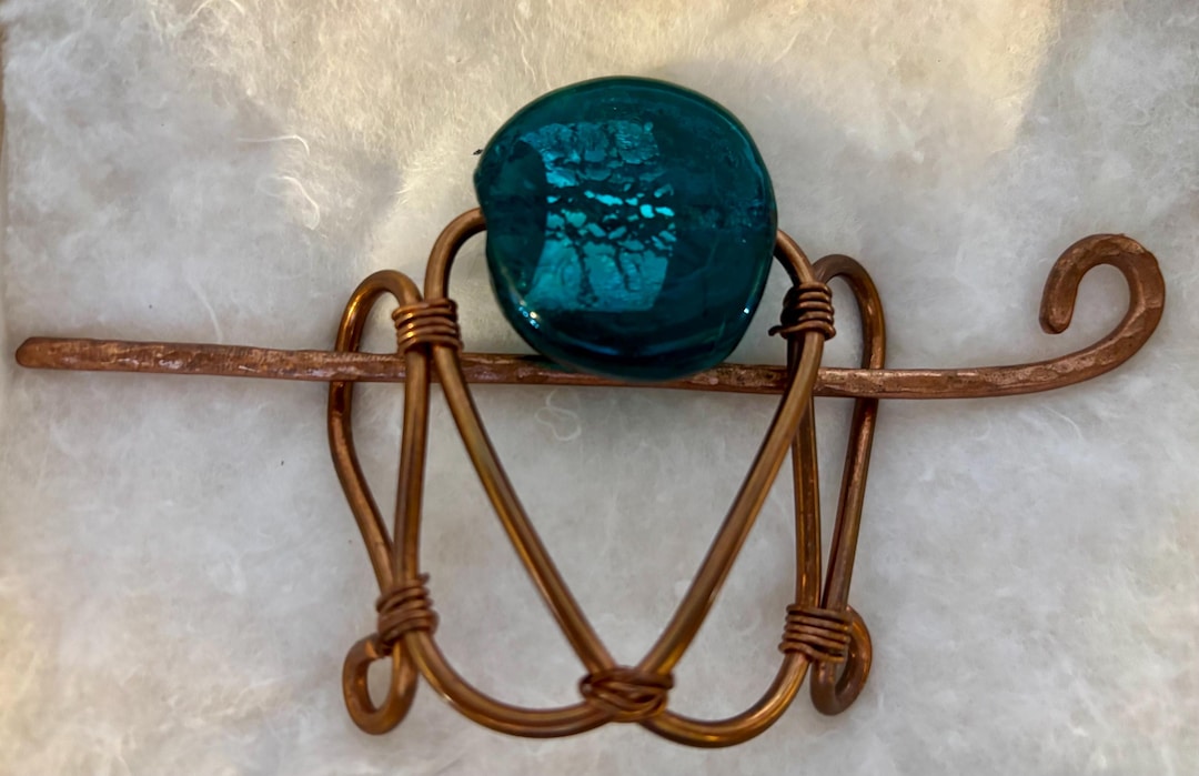 Hammered Copper Messy Bun Hair Jewelry With Dichromic Glass Teal Bead ...