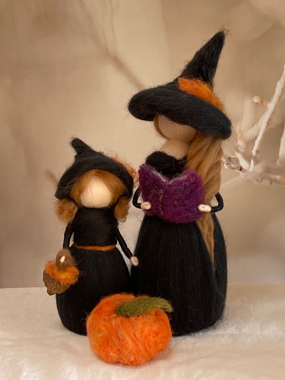 Needle Felt Witch With Her Little Witch With a Pumpkin, Halloween and ...