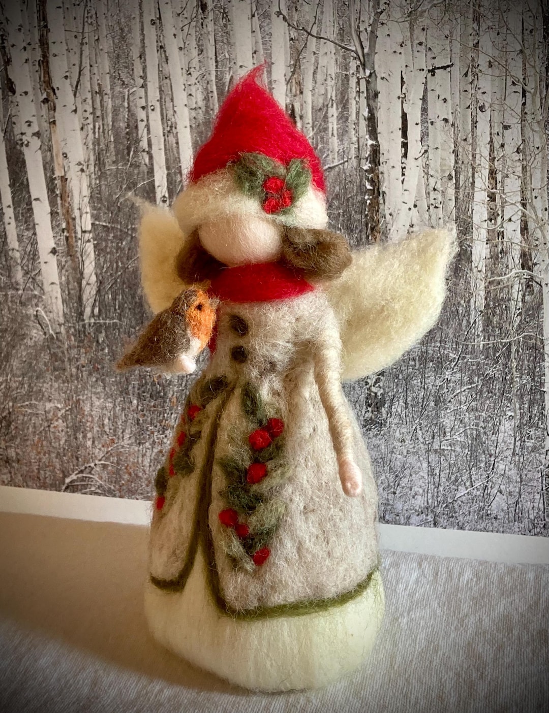Needle Felt Holly Angel Tree Topper With a Robin, Waldorf Inspired ...