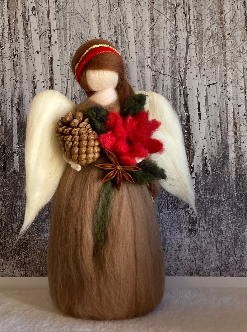 Needle Felt Poinsettia Angel Tree Topper, Natural Decor, Farmhouse ...