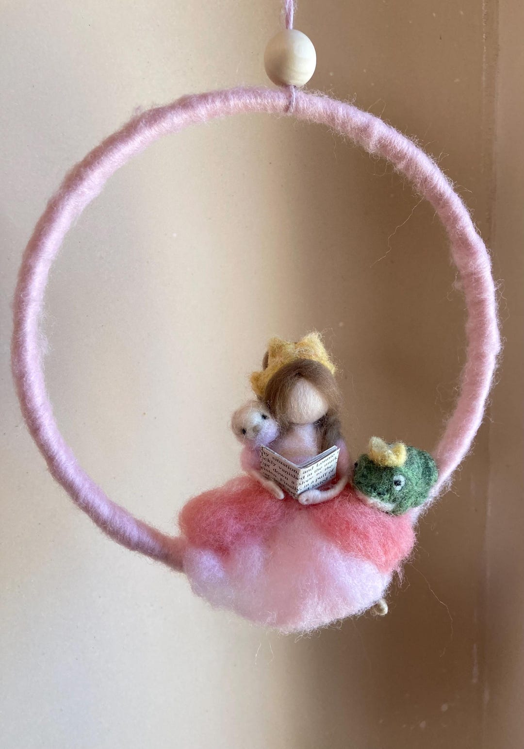 Needle Felted Princess and the Frog Mobile, Nursery Decoration, Pink ...
