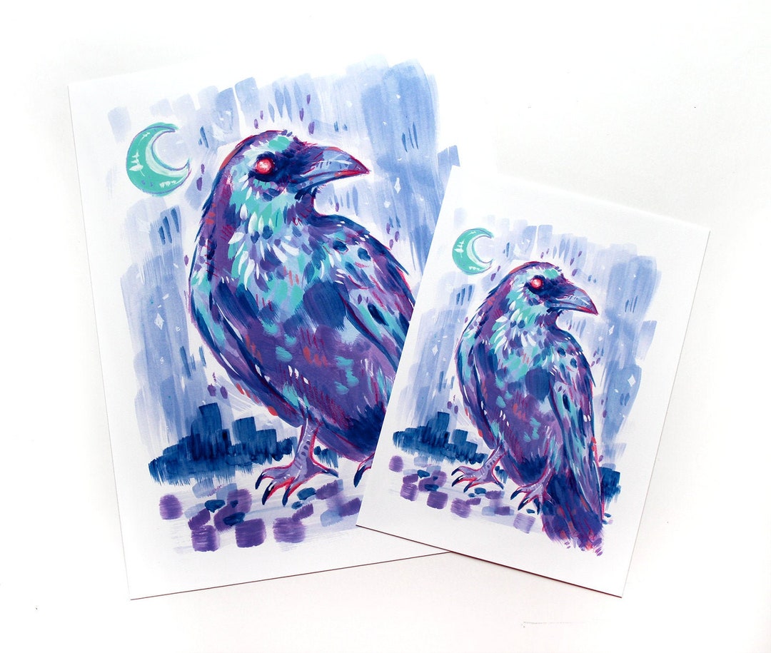 Nighttime Crow Print, Colorful Bird Wall Art // Purple and Blue ...